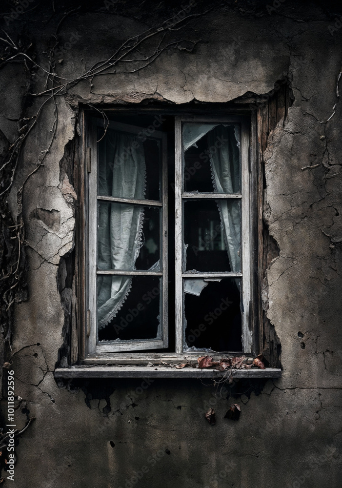 Mystery horror window exterior with broken glass. Abandoned house. Old ...