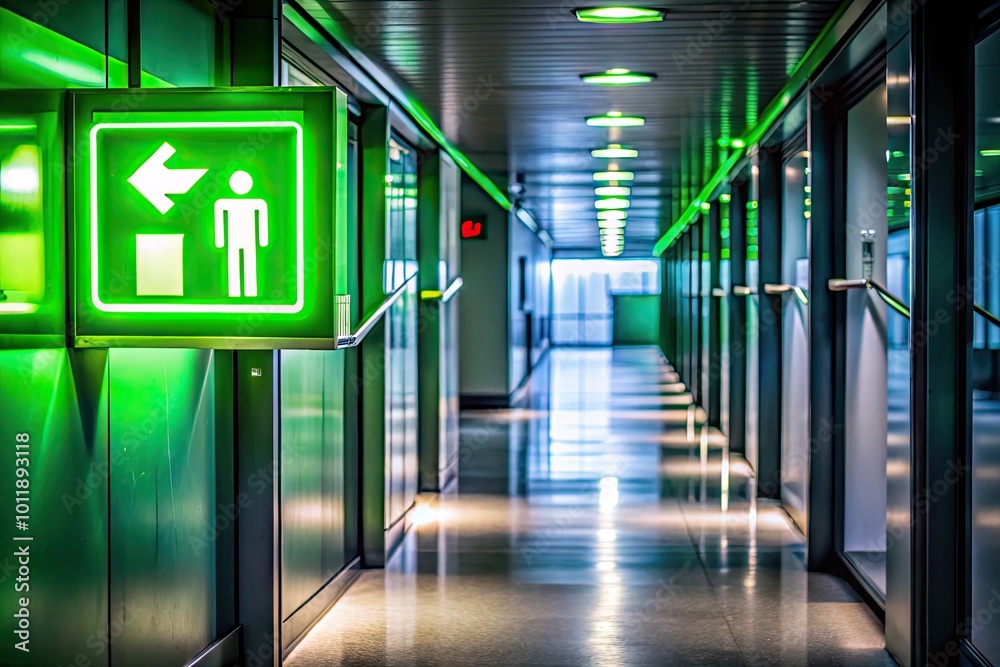 Bright Green Exit Signs Illuminating a Pathway in a Modern Building for ...