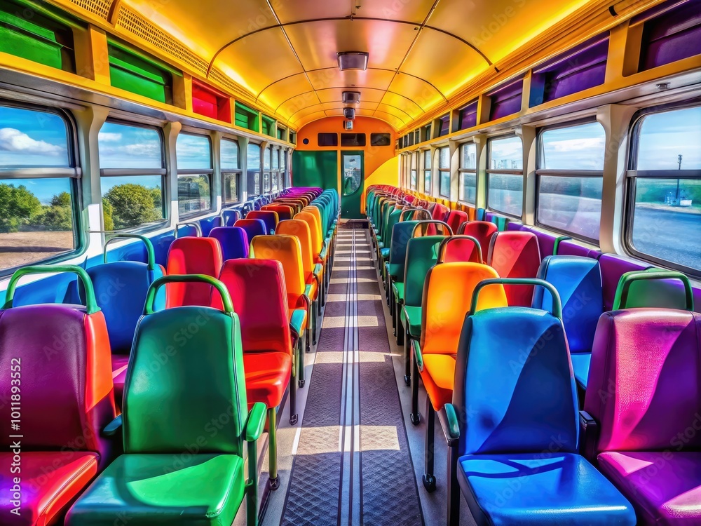 Brightly colored empty school bus seats arranged in neat rows ready for ...