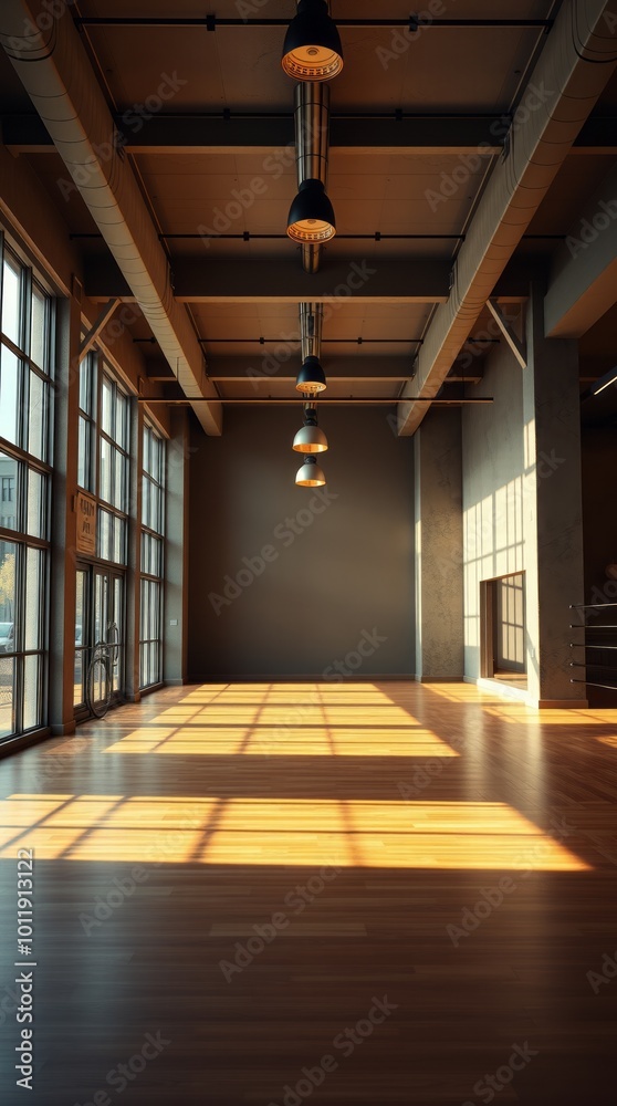 Interior of an empty dance and fitness studio with loft design gym room ...