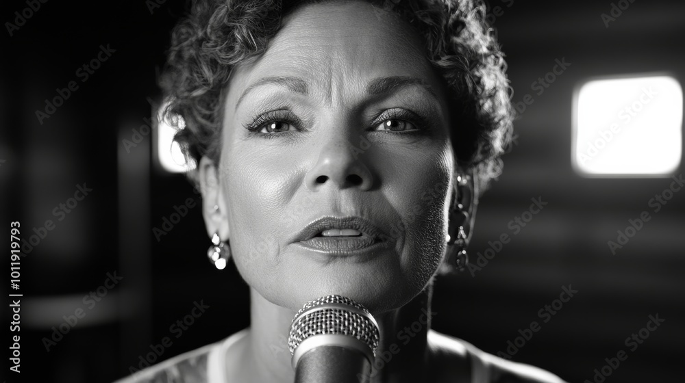 The Power Of Voice A Captivating Black And White Portrait Of A Woman Singing Into A Microphone