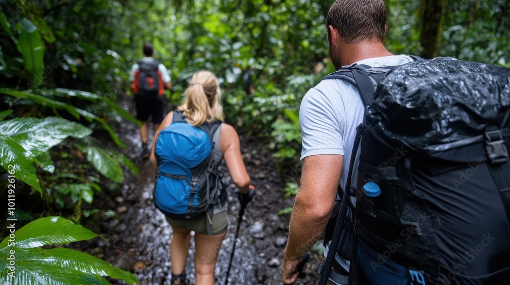 A group of adventurers bravely treks through a muddy forest path ...