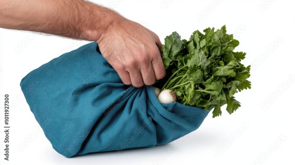 A hand grasps a blue cloth bag bulging with fresh parsley, highlighting ...