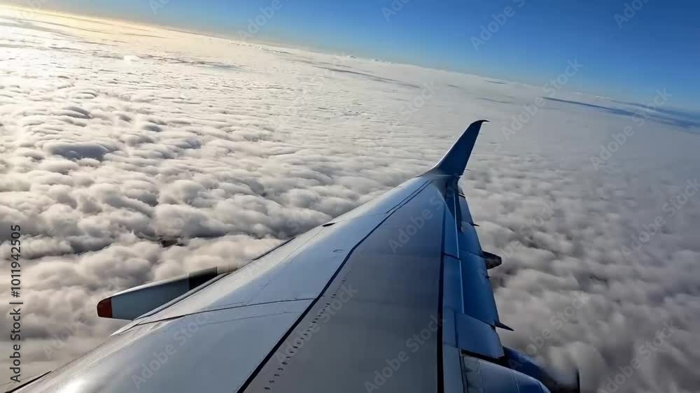 Aircraft wing under the earth and clouds. Flight in sky, small plane ...
