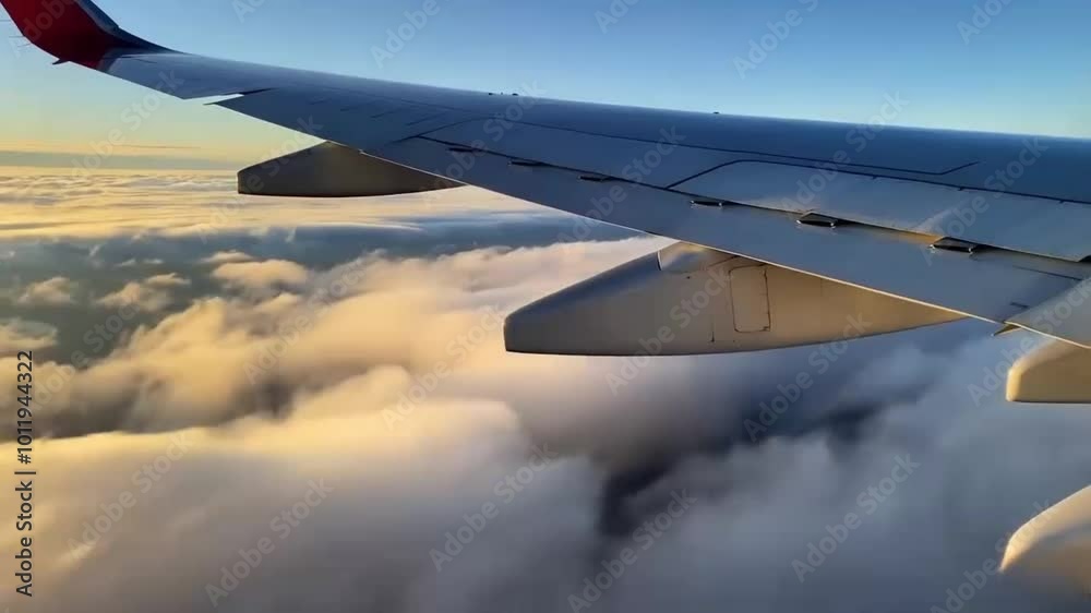 Aircraft wing under the earth and clouds. Flight in sky, small plane ...