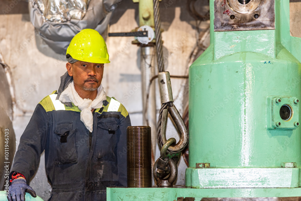 A close-up of the upper body and head of a marine engineer officer ...