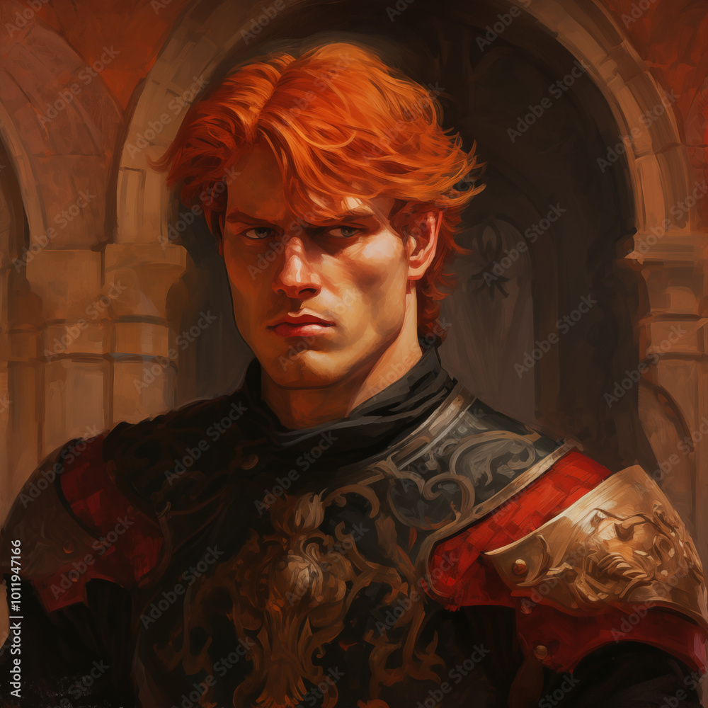 Portrait of a male paladin with red hair in a castle from a fantasy ...