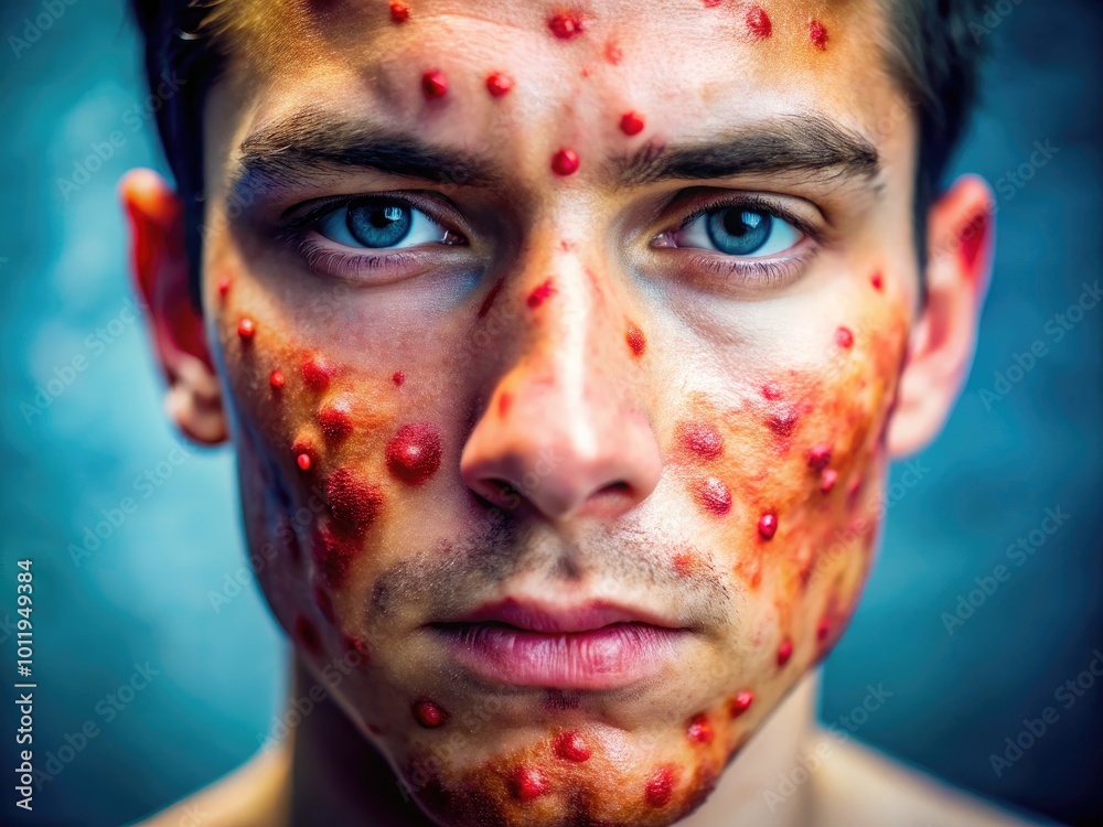 Close-up of facial skin showing herpes simplex virus lesions on a human ...