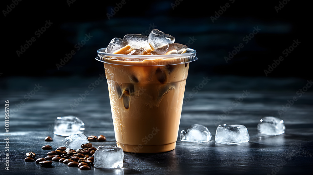 Iced coffee in a plastic cup with ice cubes on background for cafe menu ...