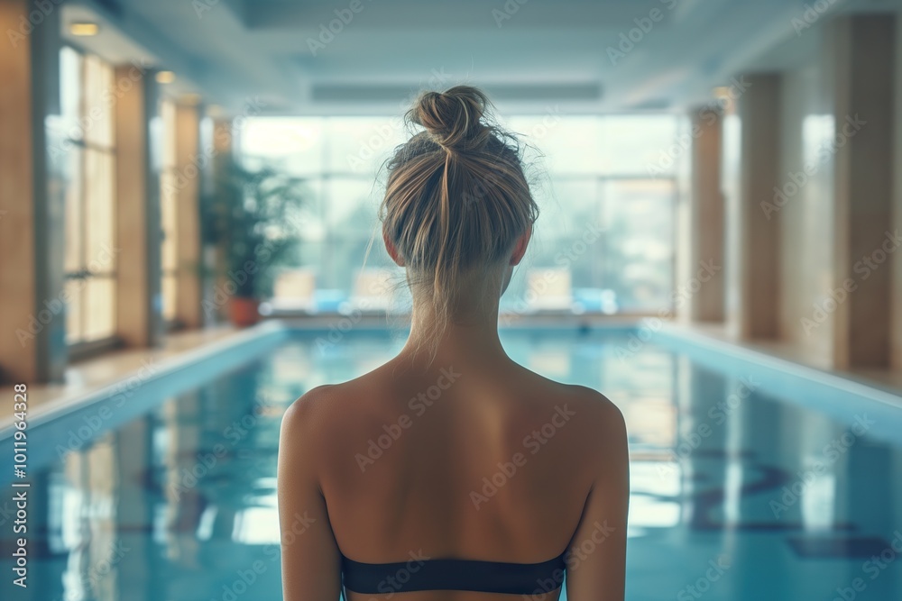 A swimmer prepares to stretch by the poolside during a morning fitness ...