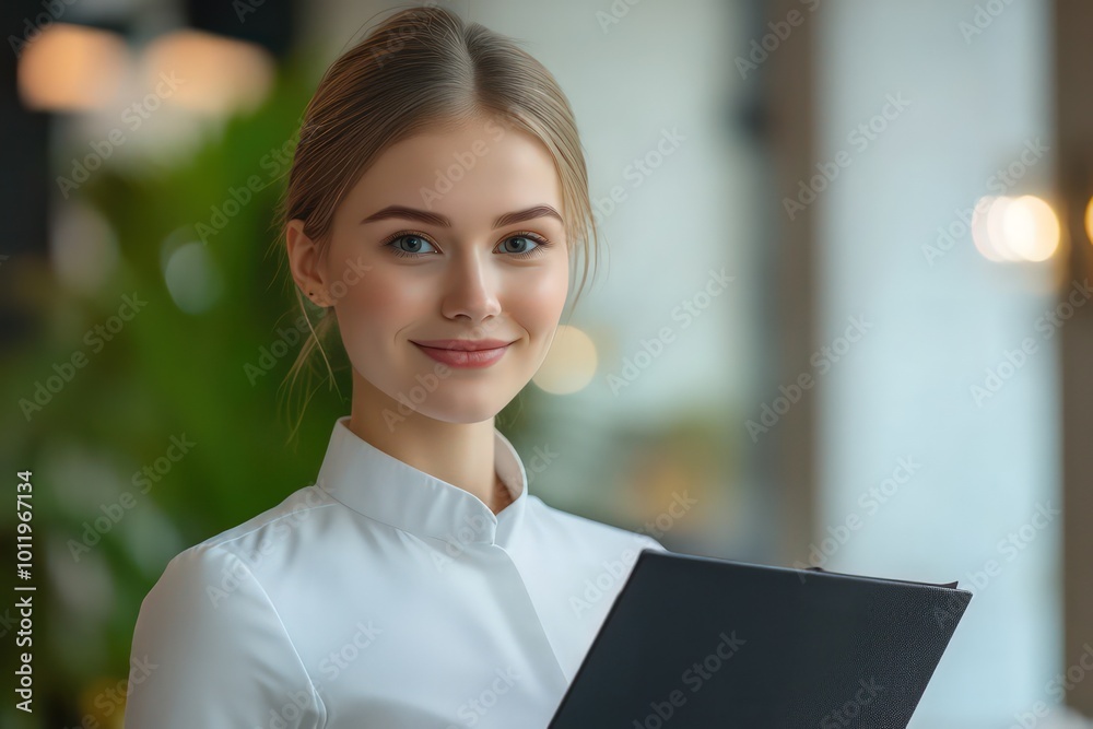 Advertising photo. Hotel manager girl, with smooth blond hair tied back ...