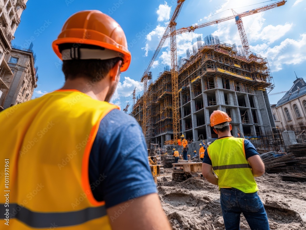 Construction workers in safety gear are working on a large building ...