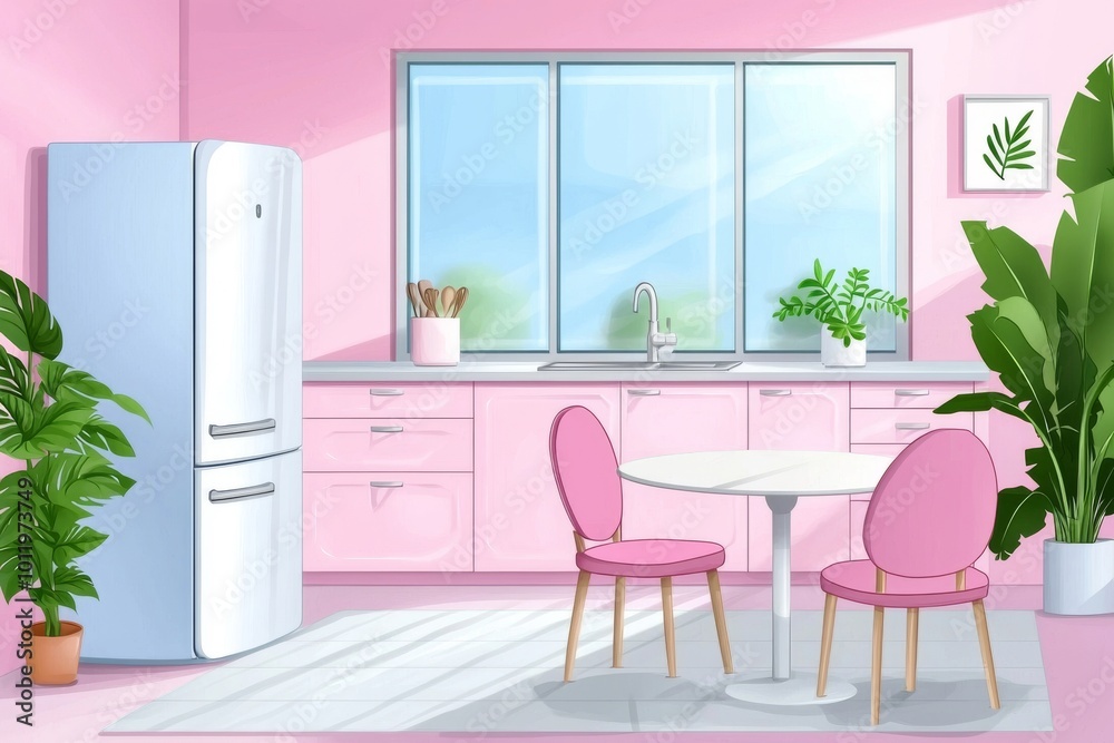 Cartoons of empty break rooms with coffee machines, refrigerators and ...