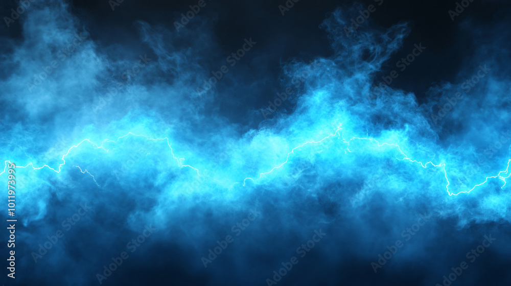 Realistic thunder light and blue smoke cloud bottom frame. Mysterious ...