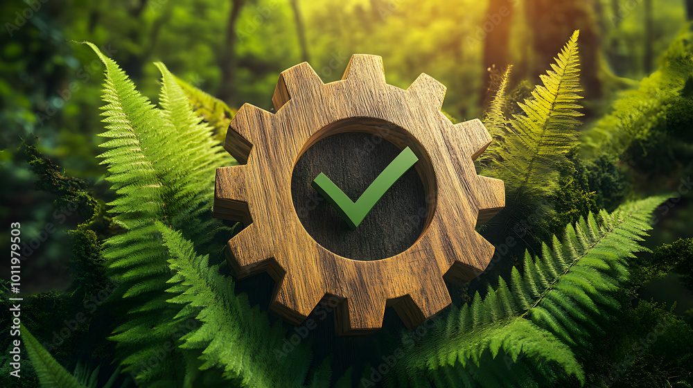 Eco-friendly concept with a wooden gear and check mark symbolizing ...