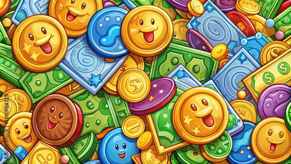 Colorful Cartoon Illustrations of Money, Coins, Bills, and Dollar Signs ...