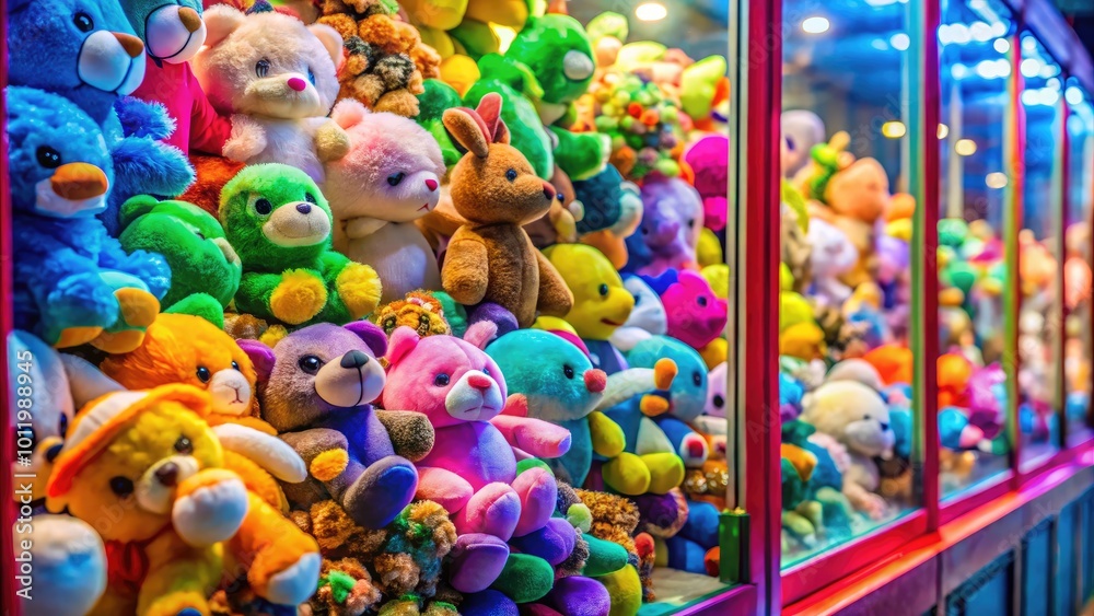 Colorful claw game machine with plush toys inside, capturing the fun of ...