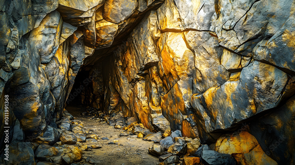 Visible veins of gold at the rocky walls of an old mine shaft, gold ...