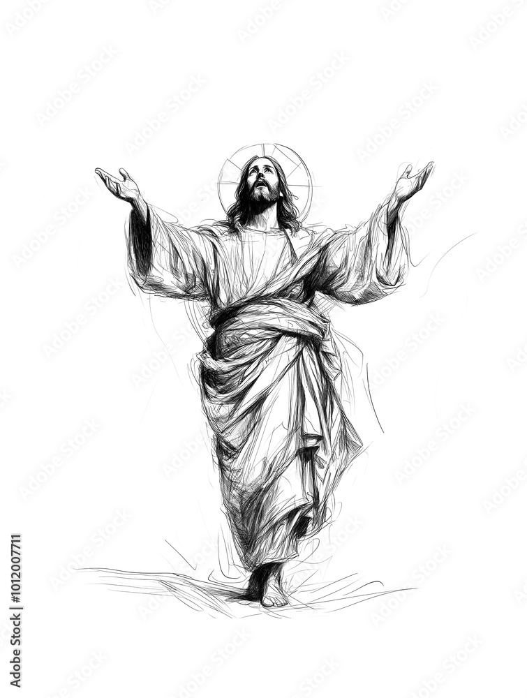 Jesus Christ resurrection with open arms. Illustration doodle sketch ...