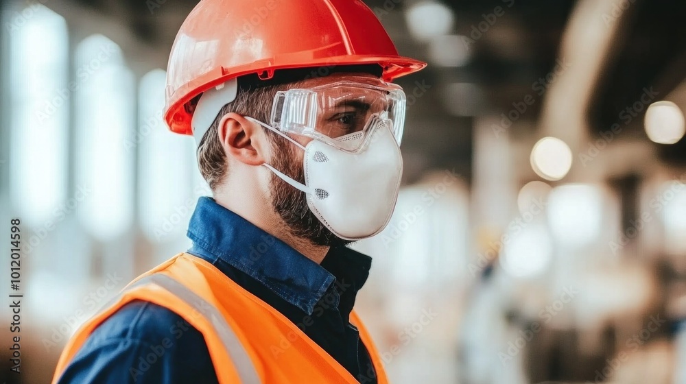 A construction worker is seen wearing a hard hat, face mask, and ...
