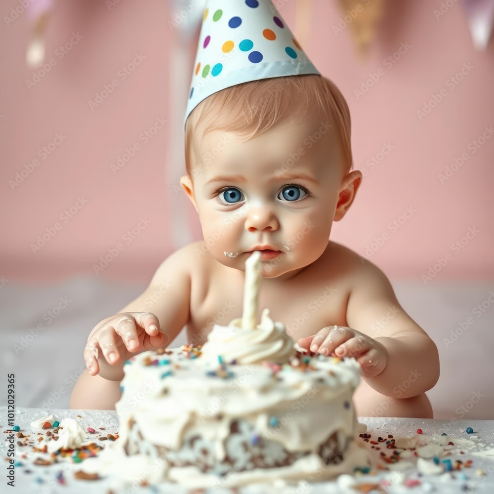 Adorable baby with blue eyes and party hat sitting in front of a ...