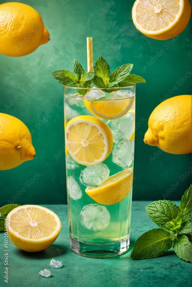 Ice lemon water or lemonade with mint on a green background a glass of ...