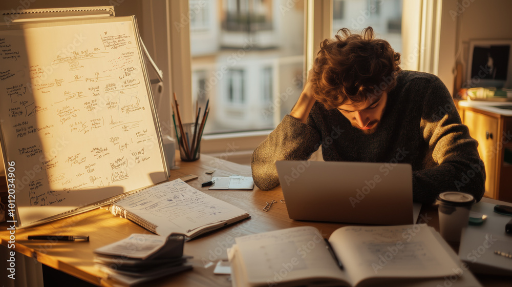 A PhD student studying at his desk focusing on writing his research ...