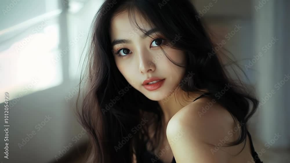 Portrait of Woman in Soft Window Light with Gentle Camera Movement ...