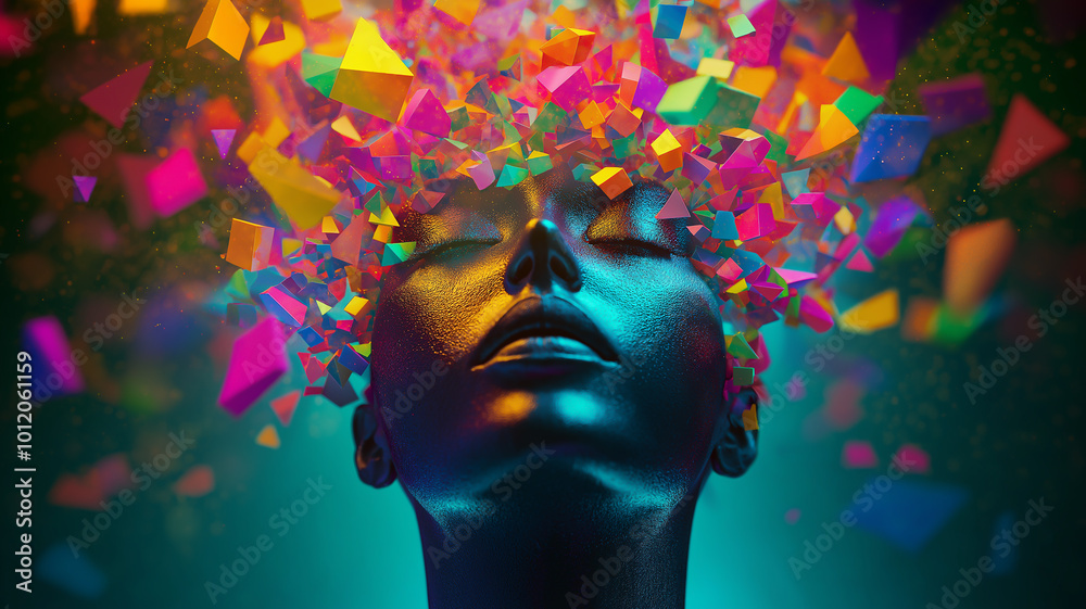 Mind Expansion. A human head opening like a flower with vibrant ideas ...