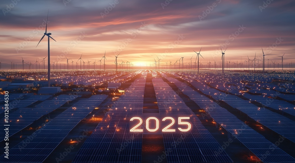The numbers "2025" are made from reflective solar panels, standing tall ...