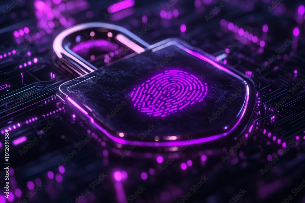 Violet padlock and shield with fingerprint. Password interface to log ...