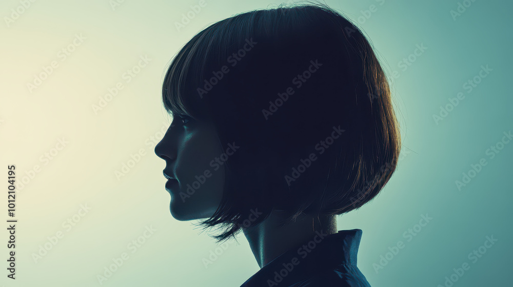 Duotone profile of a stylish pageboy haircut in navy blue and soft beige. High-contrast ...
