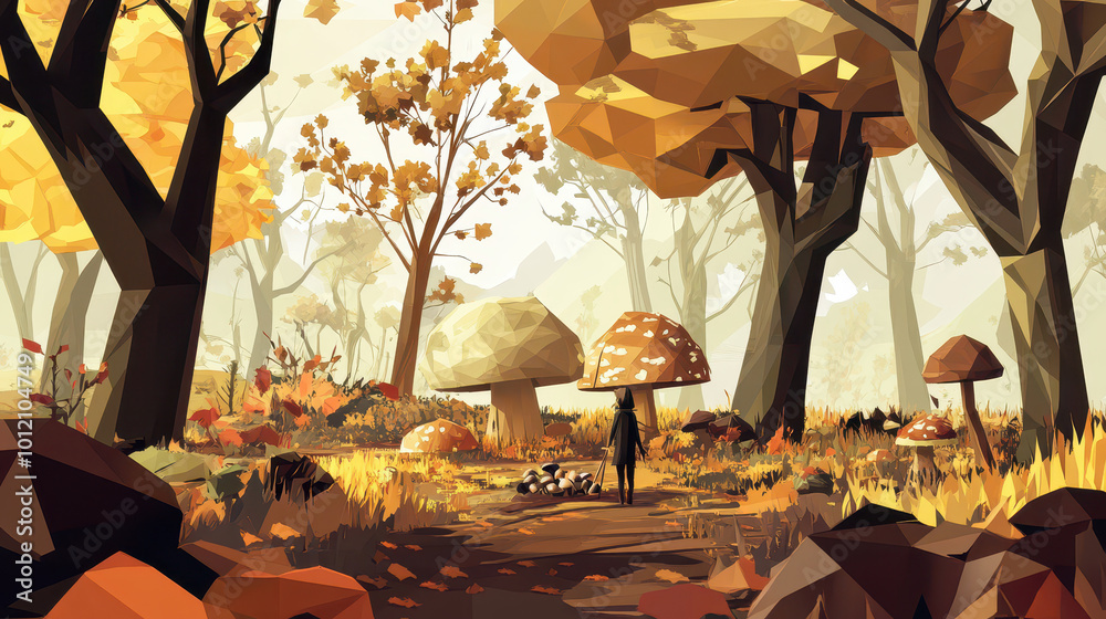 Low Poly Autumn Foraging Scene: A person collecting mushrooms in a ...