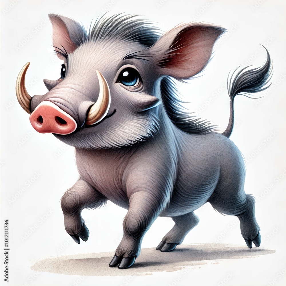Watercolor illustration of a baby warthog with tiny tusks in a funny ...