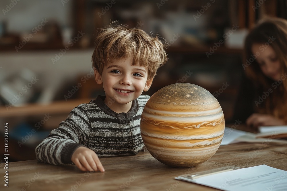 Cute little boy with Jupiter model standing by teacher at lesson of ...