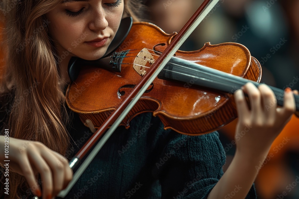 Close up on hand of unrecognizable female string ensemble musician ...
