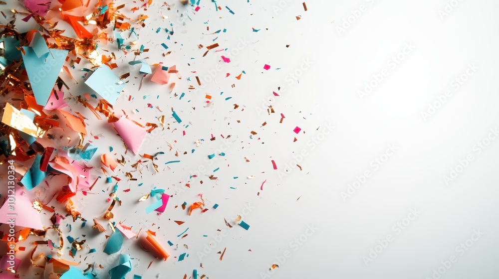 Variegated paper fragments explode across a plain white background ...