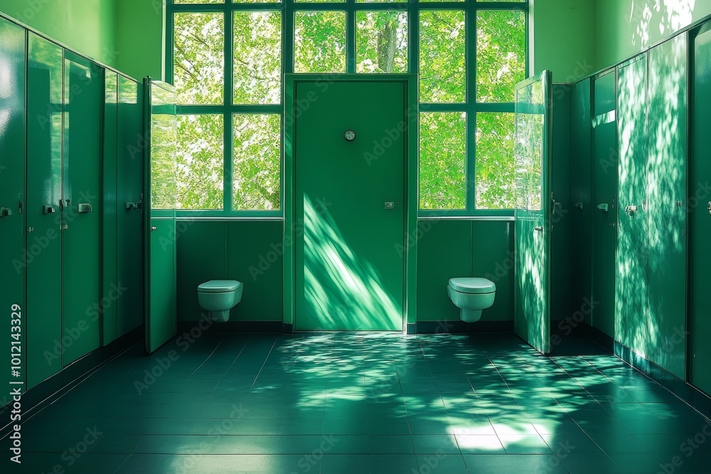 Green public bathroom interior toilet cubicles and opened door ...