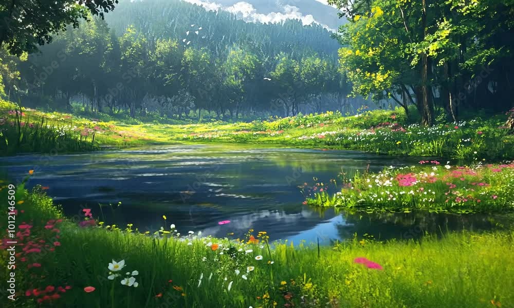 summer landscape with a river, a small river, the sun, a flower and a ...