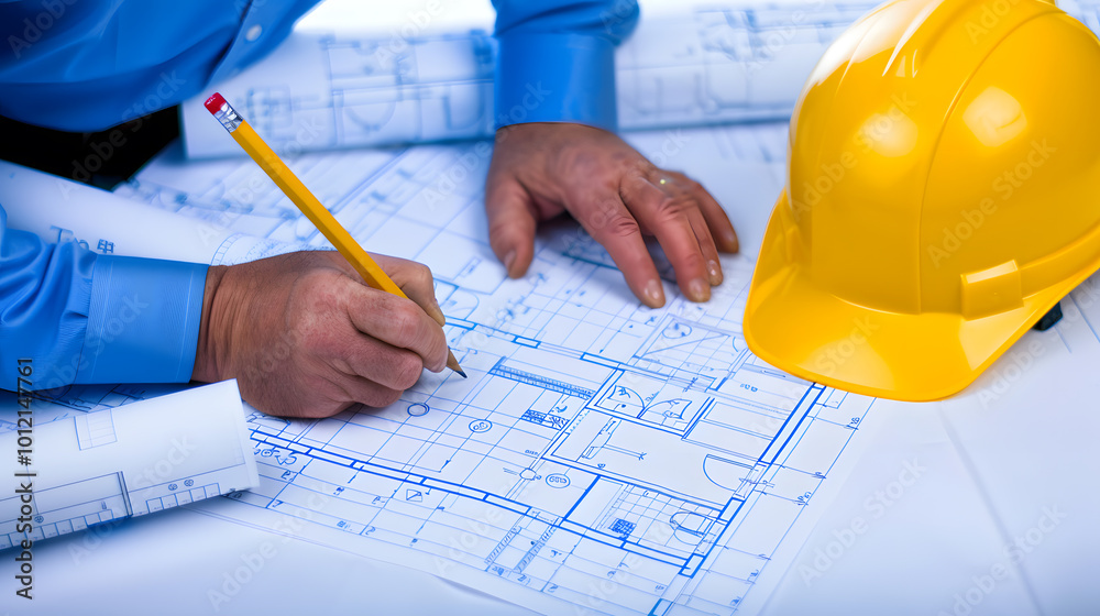 Professional Examining Blueprints with a Pencil in Office | Precision ...