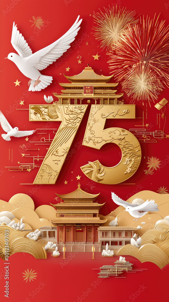 Celebrating 75 years: doves flying over papercut tiananmen square with ...