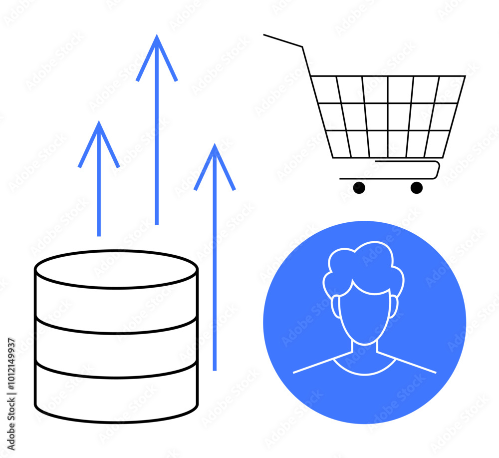 Depicts data storage growth with arrows pointing upward, a shopping ...