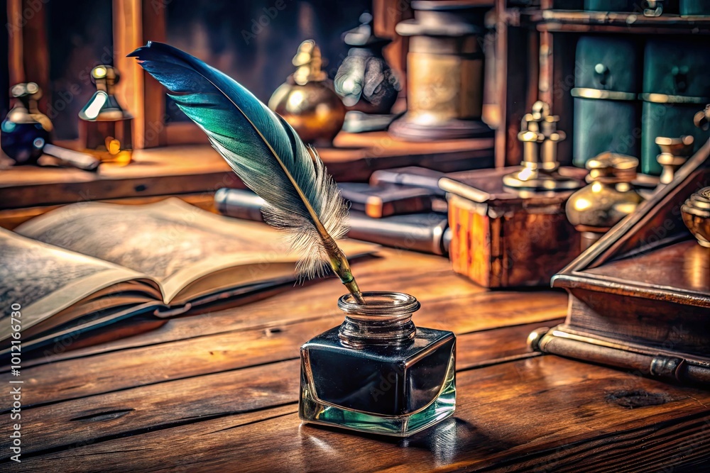 Elegant Inkwell with Quill on Antique Wooden Desk Surrounded by Vintage ...