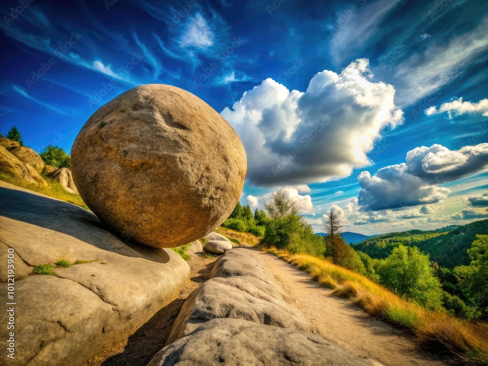 Endless Struggle Depicted by a Boulder Rolling Up a Hill in a Symbolic ...