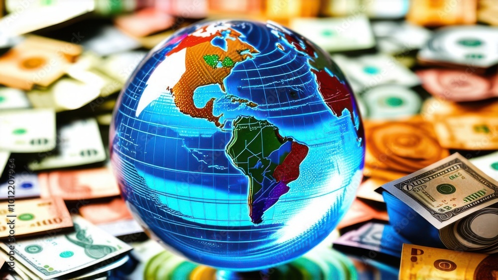 Crystal globe on many currency, World bank, Money transfers and ...