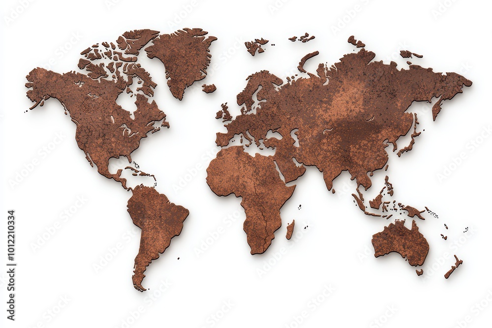 Stylized world map in brown color on a white isolated background ...