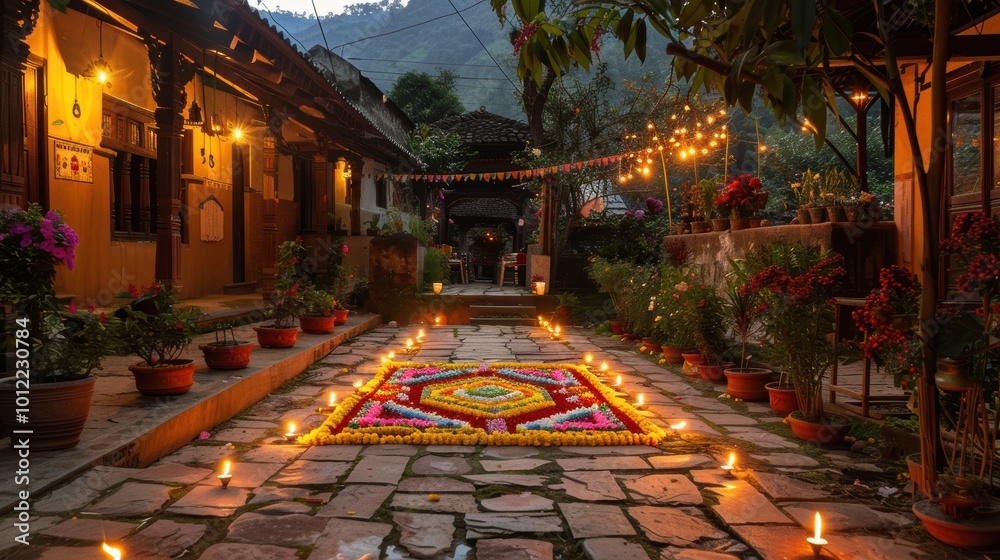 Tihar Celebration in Nepali Village Courtyard with Rangoli and Oil ...