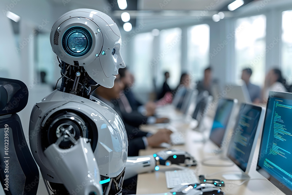 Humanoid Robot Giving Presentation To Its Colleagues Sitting On Table ...