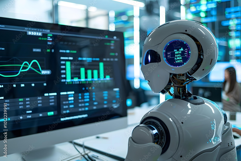 Humanoid Robot Looking At KPI Data On Computer Screen, robot, data, ai, artificial, dashboard ...