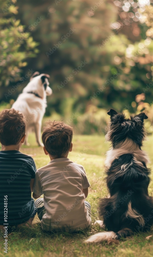 Two boys sit in a grassy area with their backs to the camera, watching ...